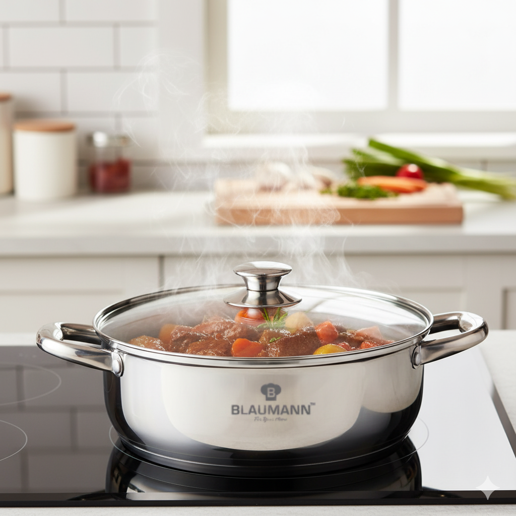 Blaumann 28cm Stainless Steel Shallow Pot with Lid – Gourmet Line ...