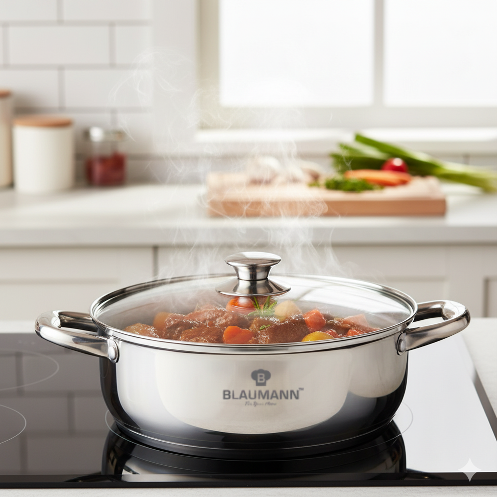 Blaumann 28cm Stainless Steel Shallow Pot with Lid – Gourmet Line ...